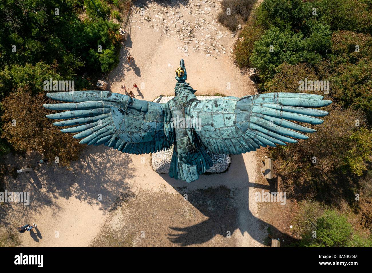 Aerial view of Turul Emlekmu, a landmark statue of a mythological bird ...