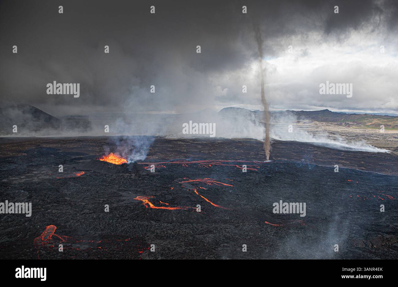 Aerial view of the majestic Fagradalsfjall volcano with lava flow and a ...