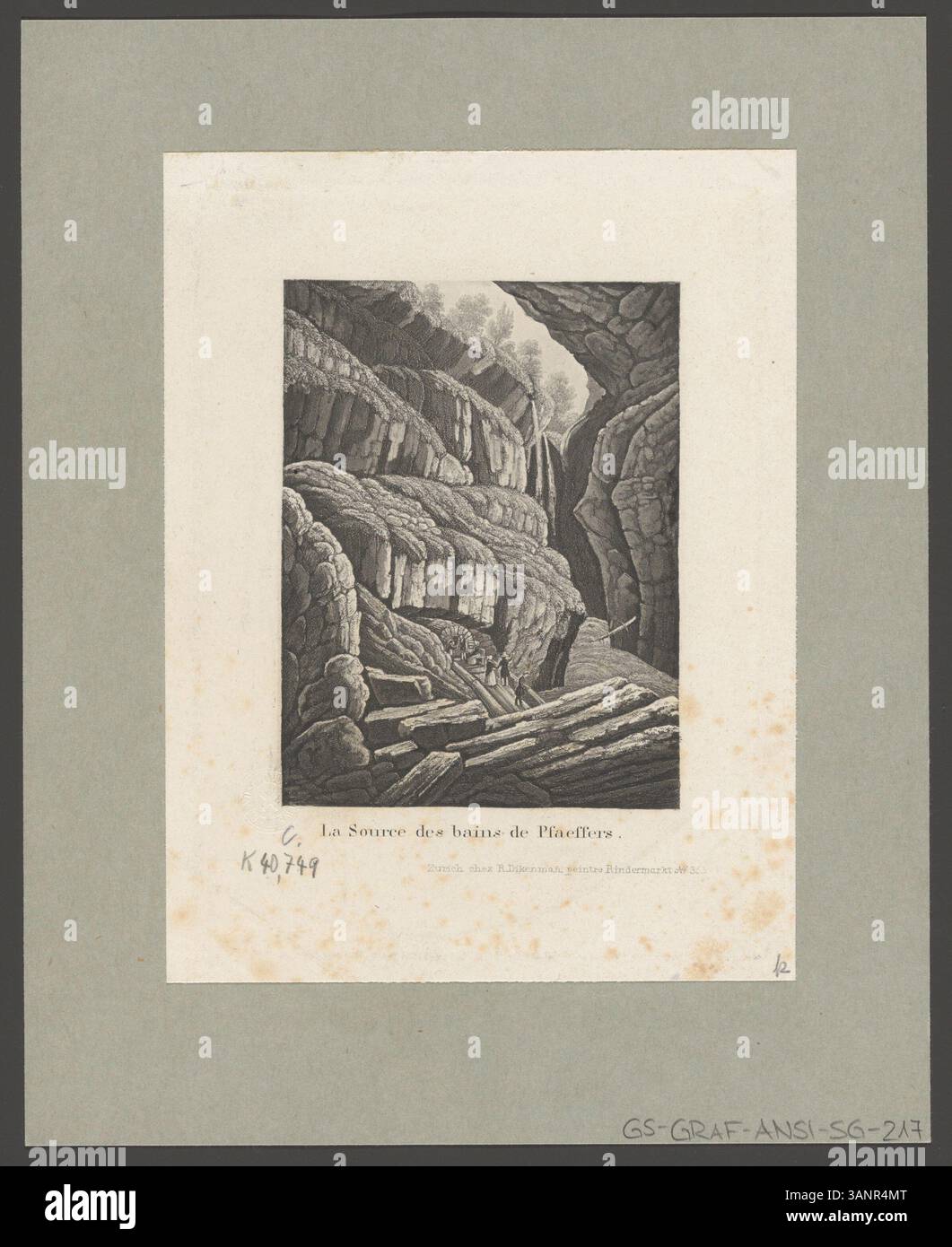 This 19th-century aquatint print depicts the Source of Pfaeffers in Switzerland. It was created ...