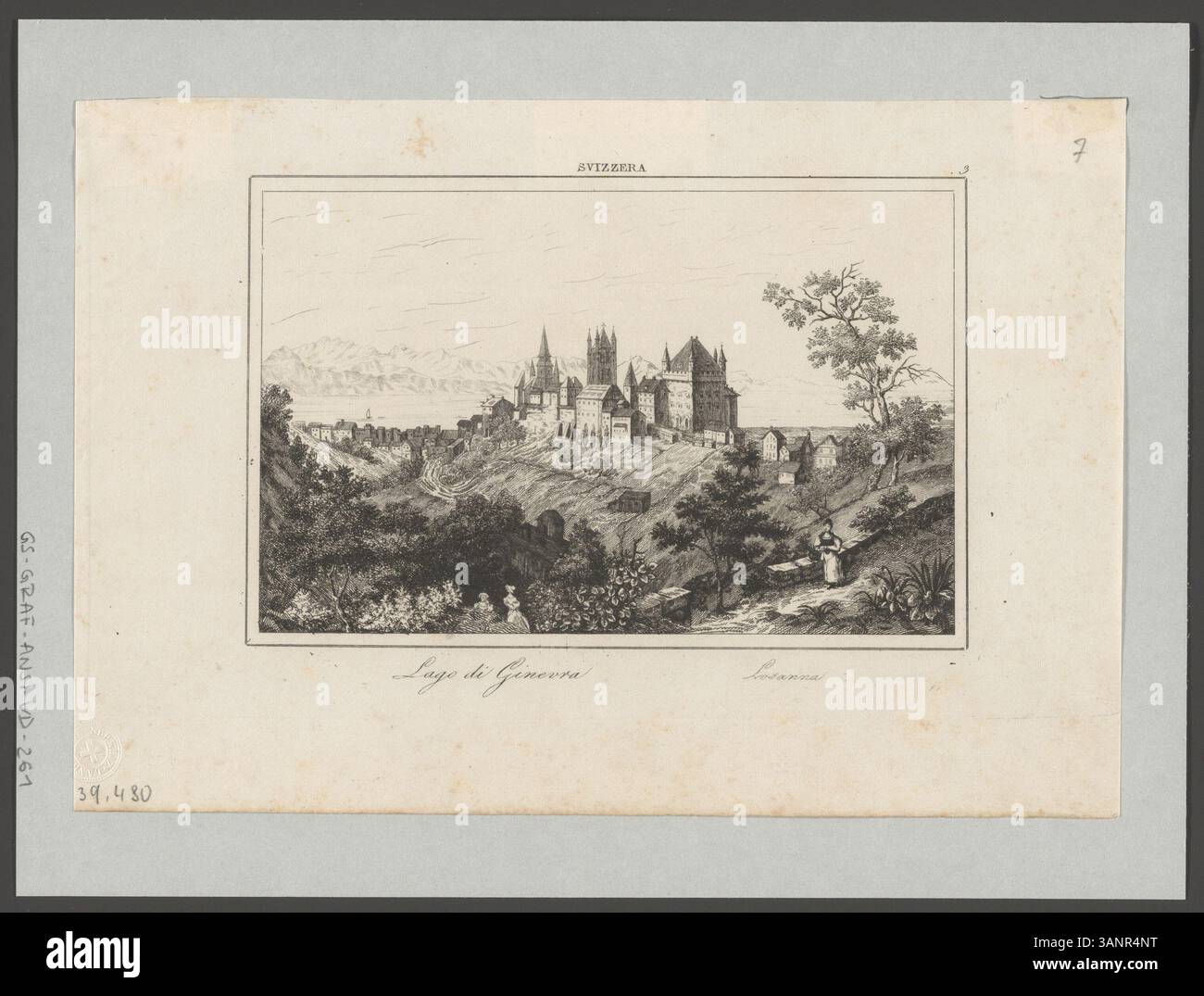 This circa 1840 etching print features a view of Lake Geneva and ...