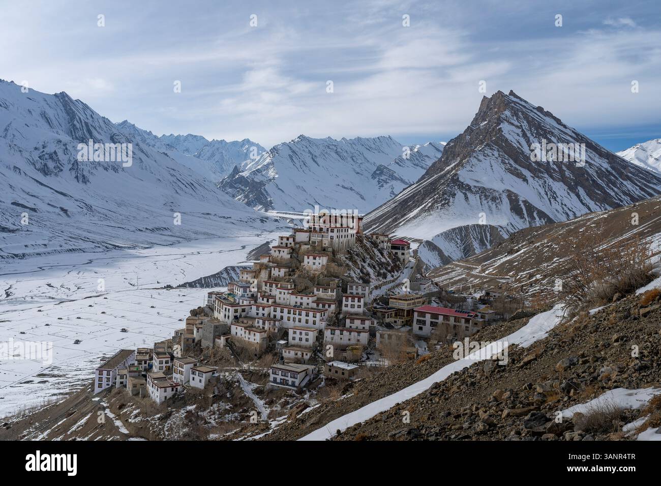 Aerial view of Key Monastery in snow-covered Spiti Valley, Himachal ...