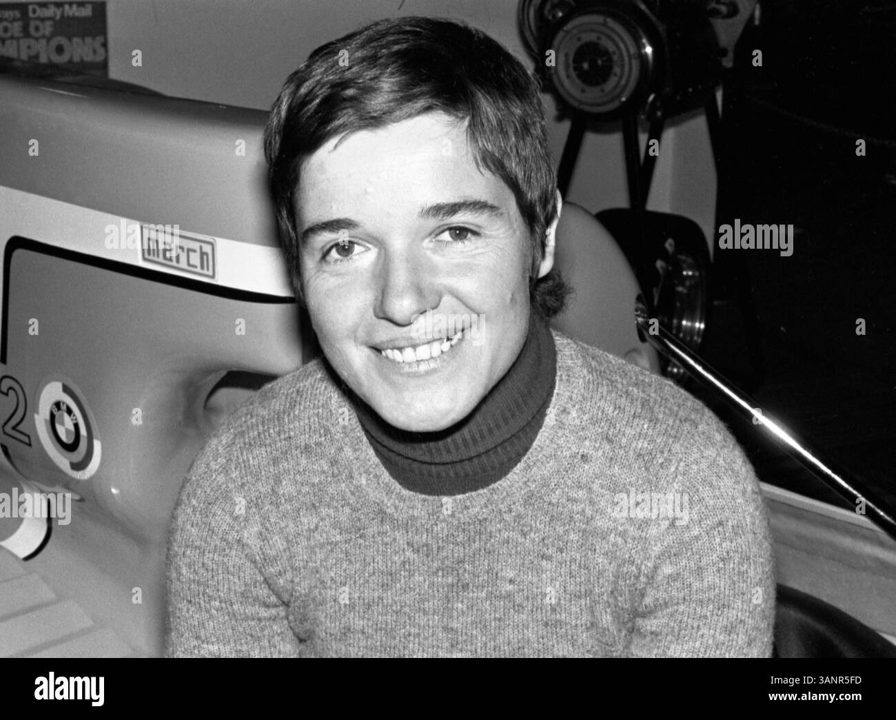 Lella Lombardi, 32, the Italian racing car driver sits on a Formula One ...