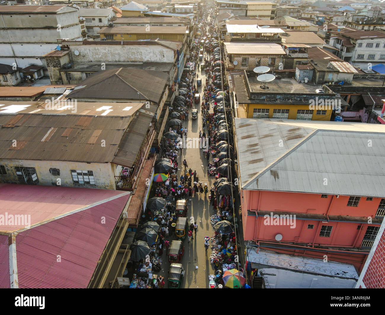 Freetown, Sierra Leone - 16 April 2022: Aerial view of people in the ...
