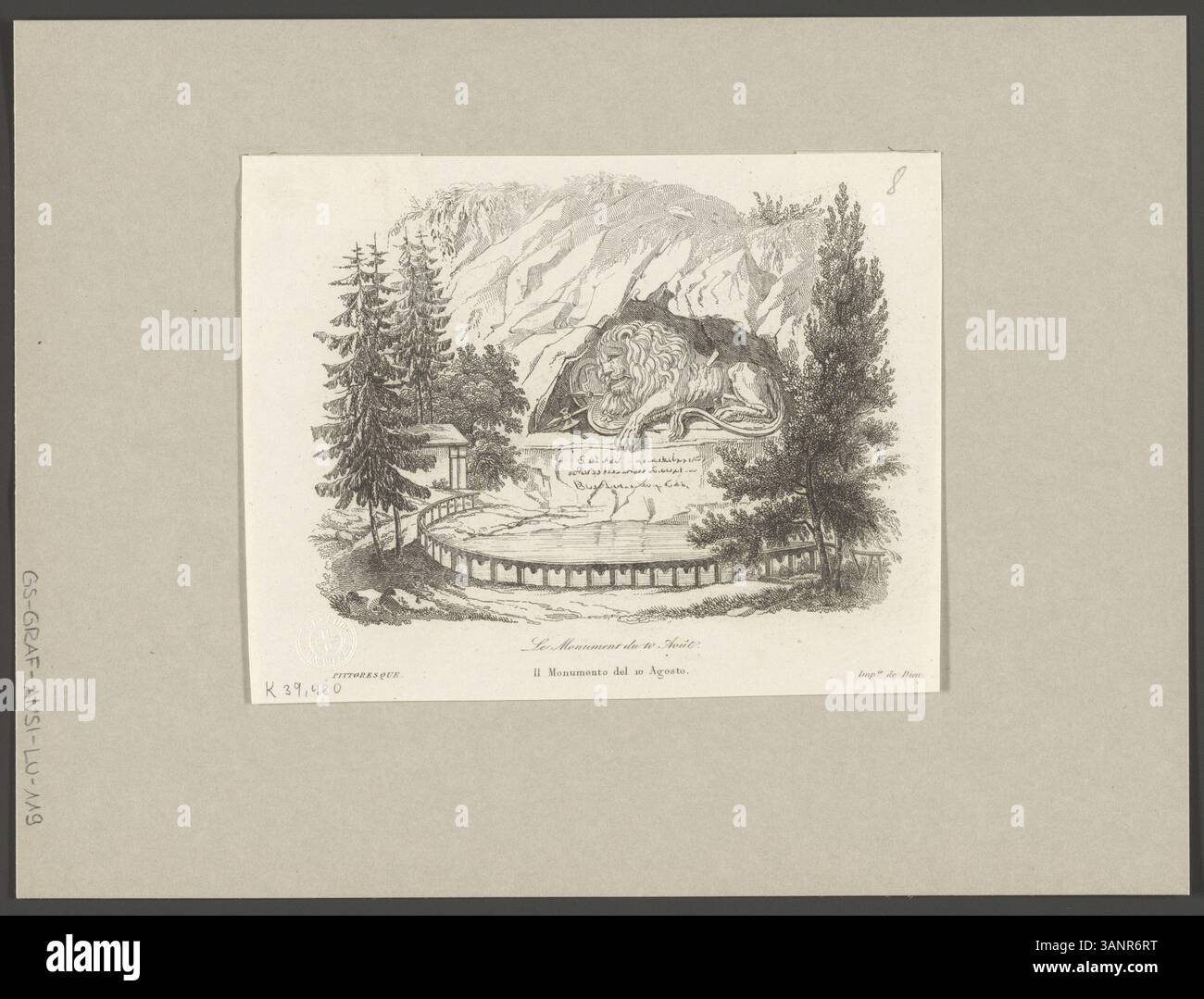 Etching print depicting the Monument du 10 Août, located in Lucerne ...