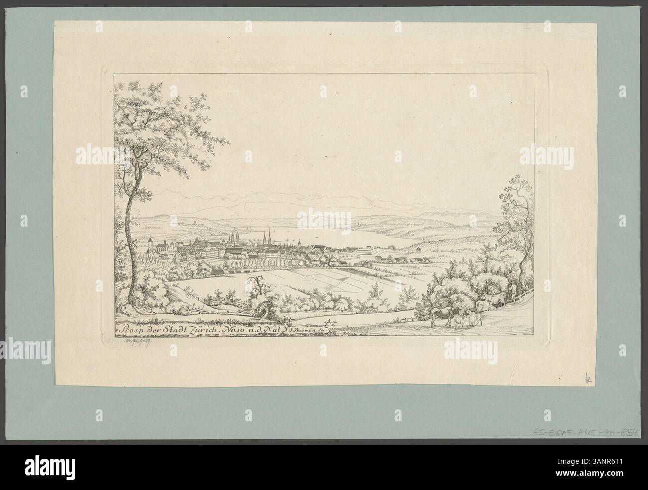 This etching print by Johann Jakob Aschmann depicts a view of the city ...