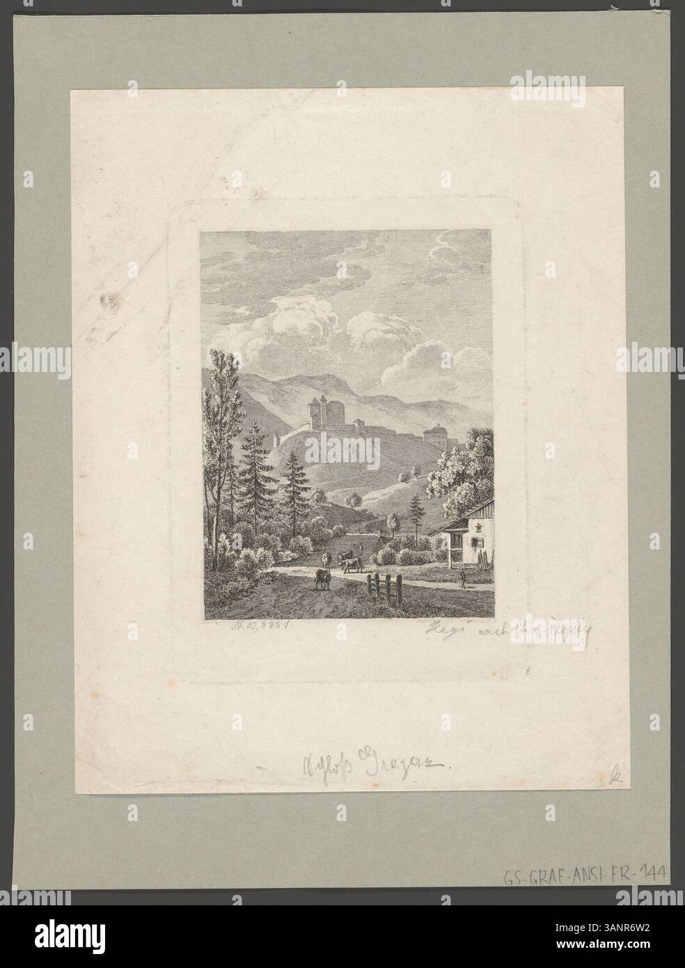 A 19th-century etching by Philippe de Fégely, featuring a view of ...
