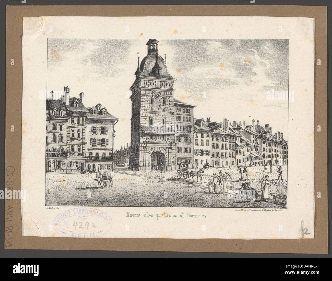 This lithograph by Franz Schmid depicts the Tour des Prisons in Bern, a ...