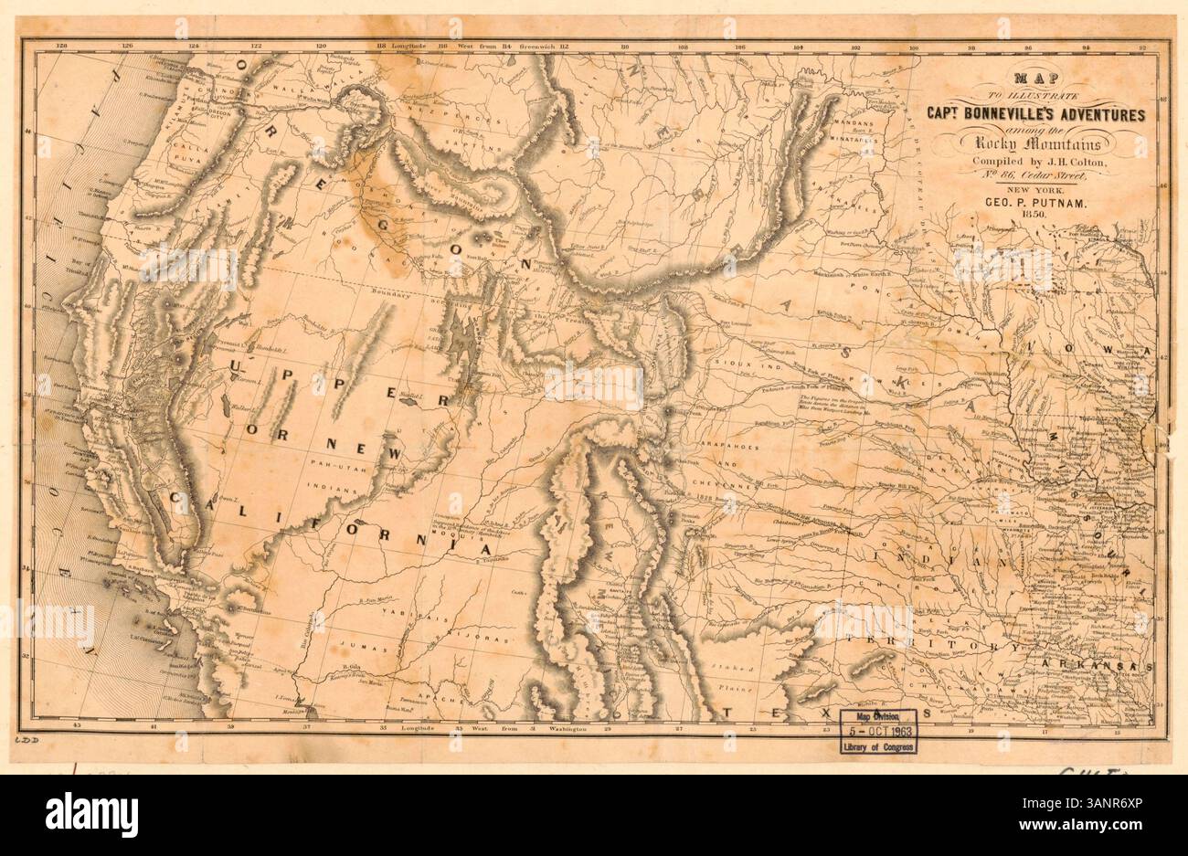 This 1850 map illustrates Captain Bonneville's expeditions through the ...