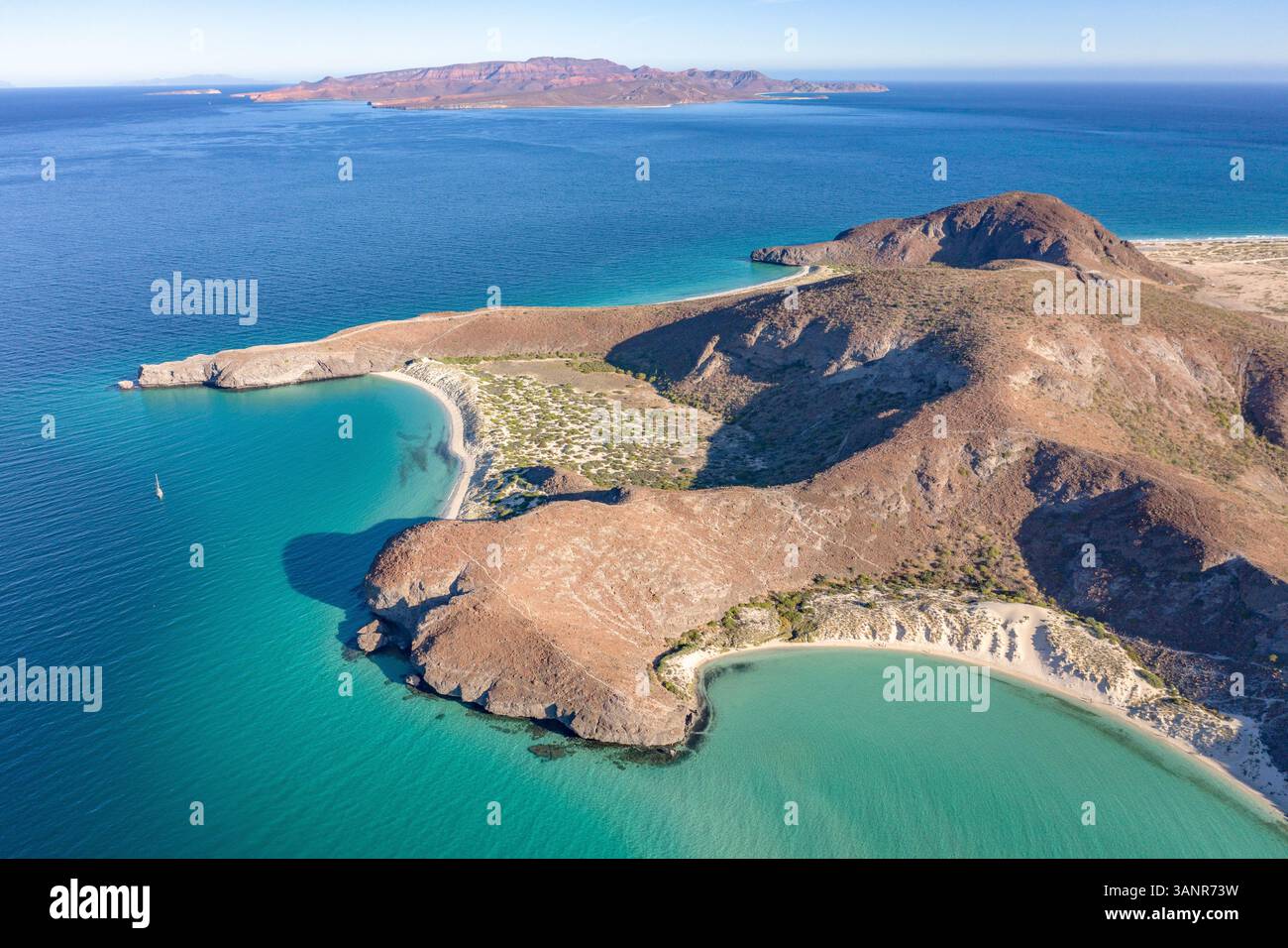 Aerial view of beautiful Balandra beach with clear blue water and rocky ...