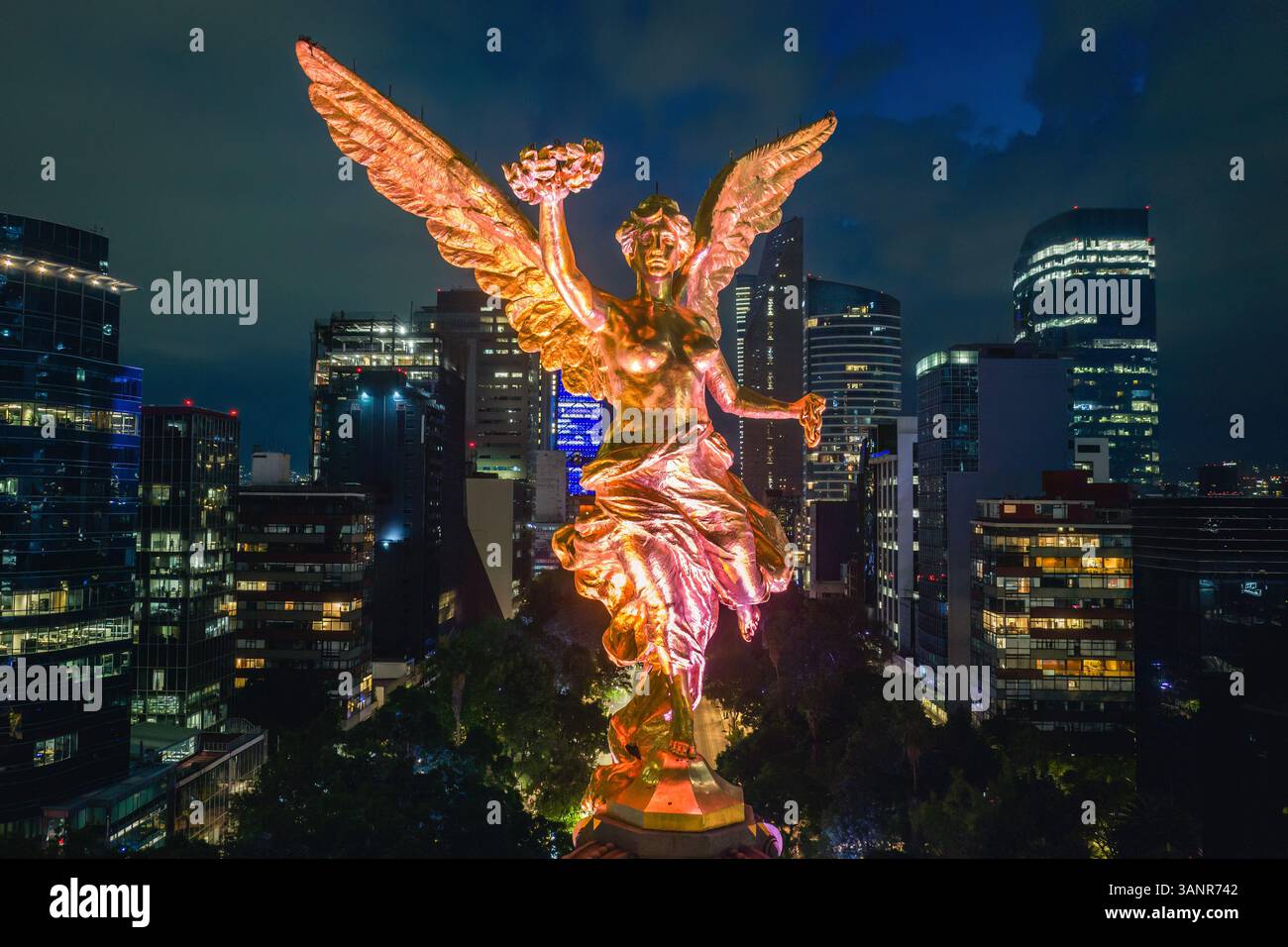 Aerial view of independence angel illuminated at night with beautiful ...