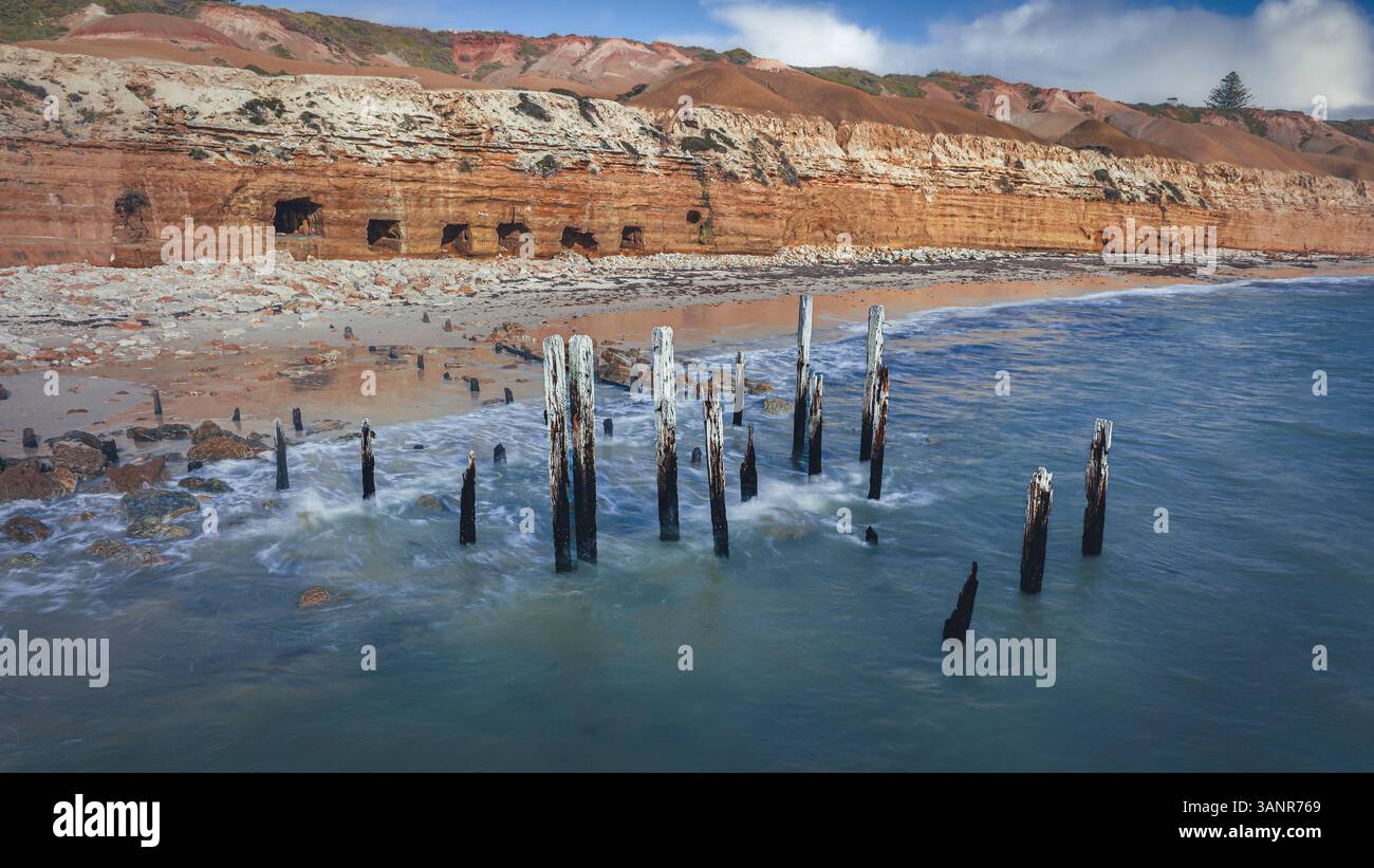 Aerial view of Port Willunga beach and jetty, Adelaide, South Australia ...
