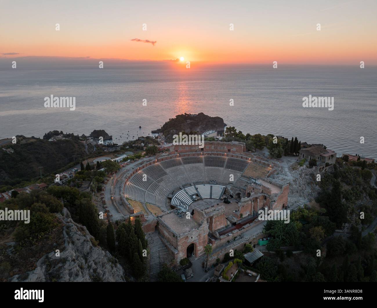 Aerial view of Greek Theatre of Taormina, Taormina, Italy Stock Photo ...