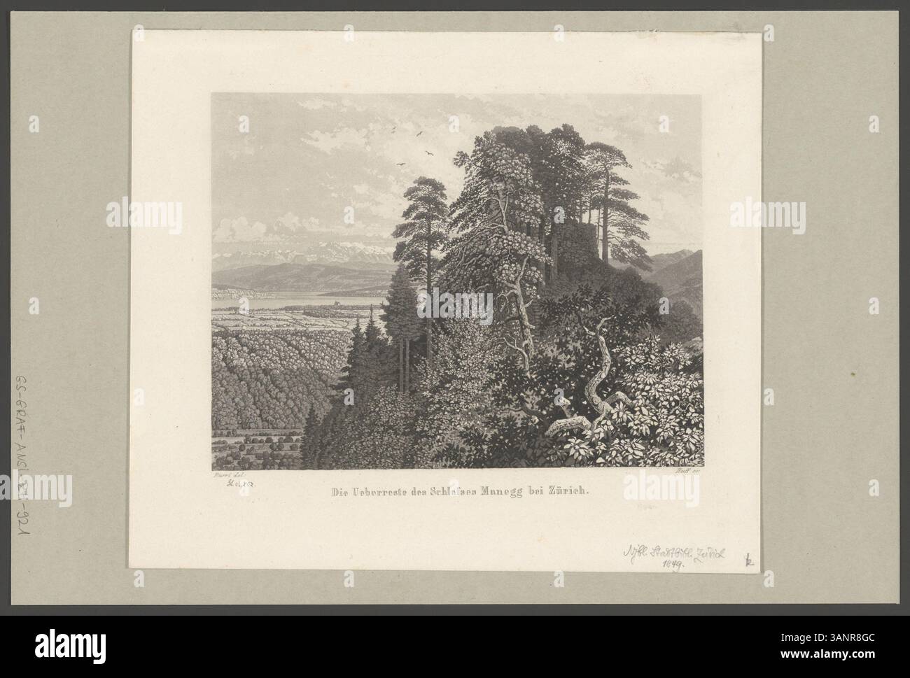 This aquatint shows the remains of the Manegg Castle near Zurich, a ...