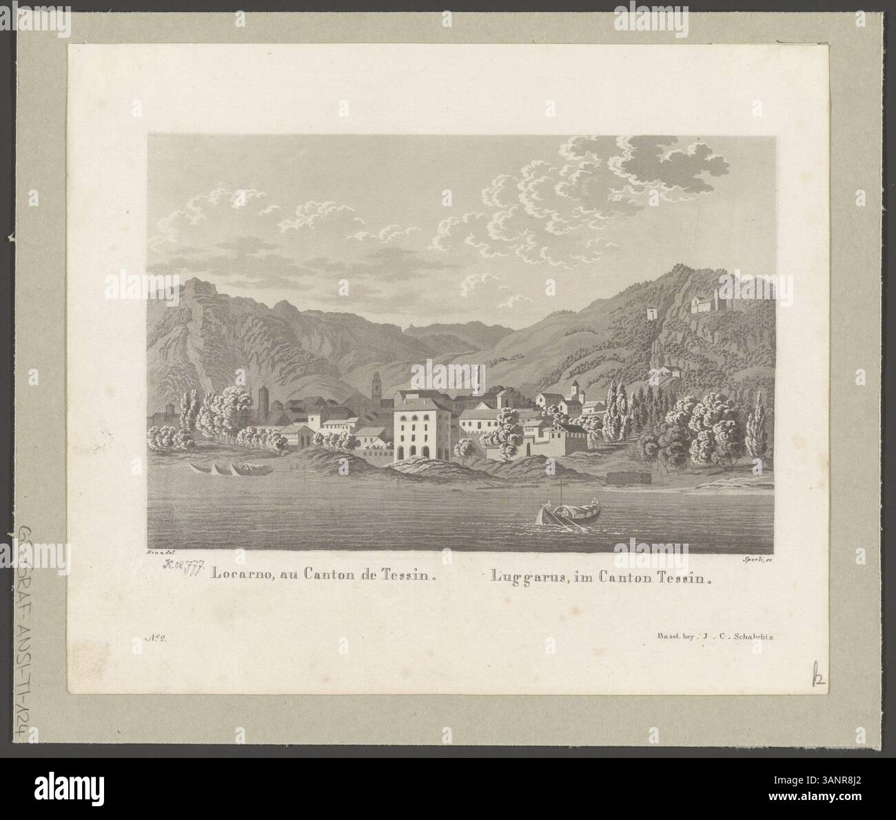 This print, created by Achilles Benz and Johann Jakob Sperli, depicts the Swiss town of Locarno ...