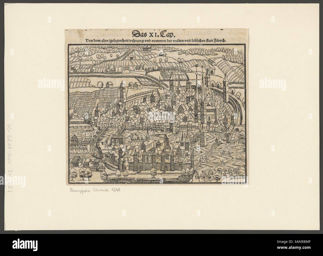 Woodcut print of Zurich from the west, showing the city's ancient and ...