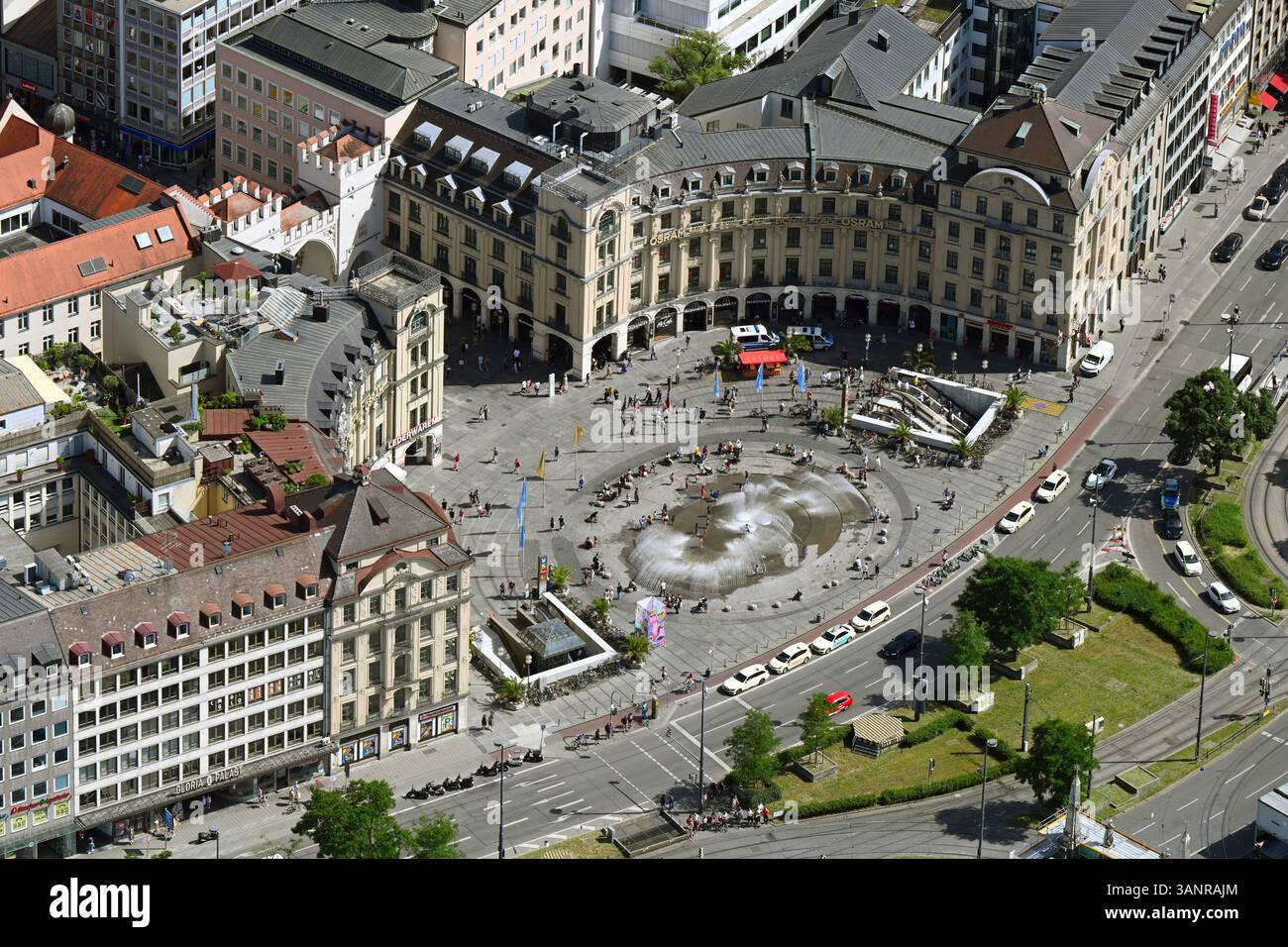 Aerial view of bustling Karlsplatz Stachus with historic buildings ...