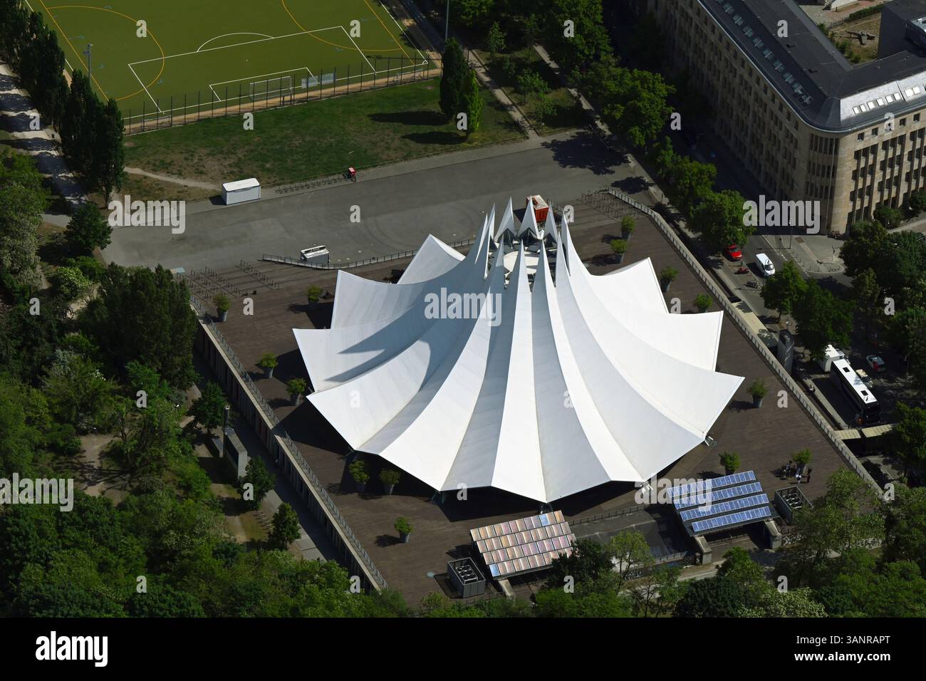 Aerial view of tempodrom arena with unique geometric shapes and ...