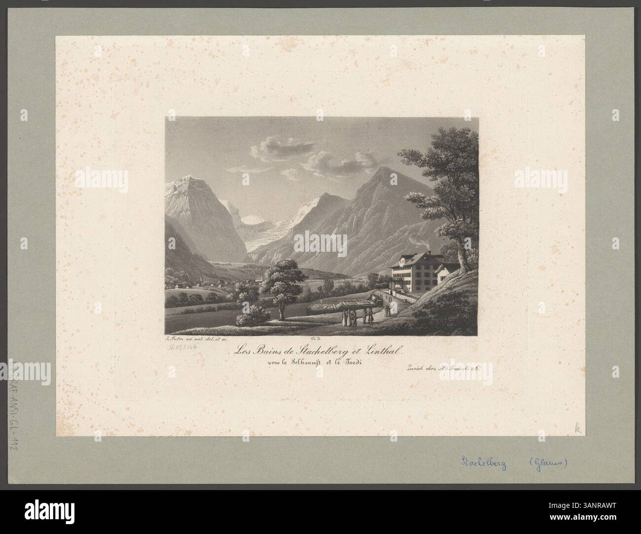 A print by Jakob Suter illustrating the Stachelberg and Linthal baths ...