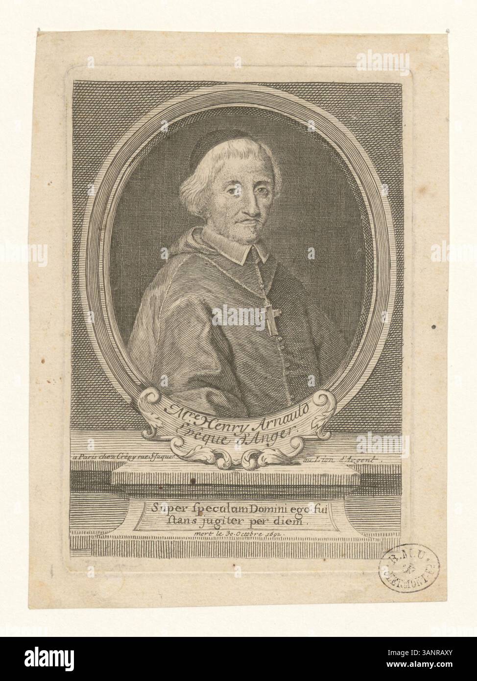 This intaglio print depicts Mre Henry Arnauld, Bishop of Angers, highlighting his role as a ...