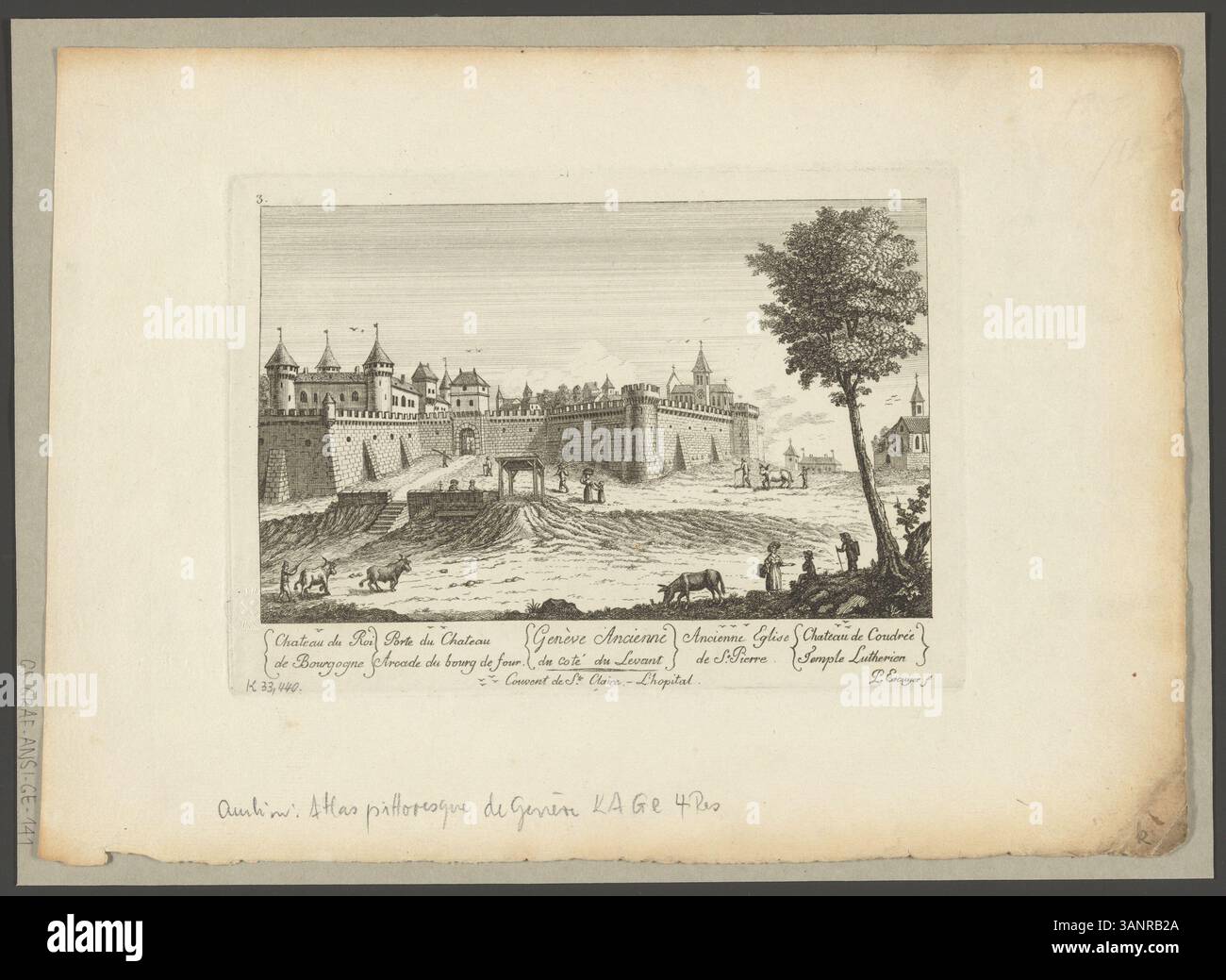 This 1822 print showcases the Old Town of Geneva, viewed from the east ...