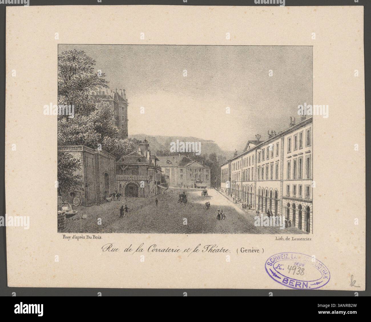 This 1830 lithograph shows Rue de la Corraterie and the Theatre in ...