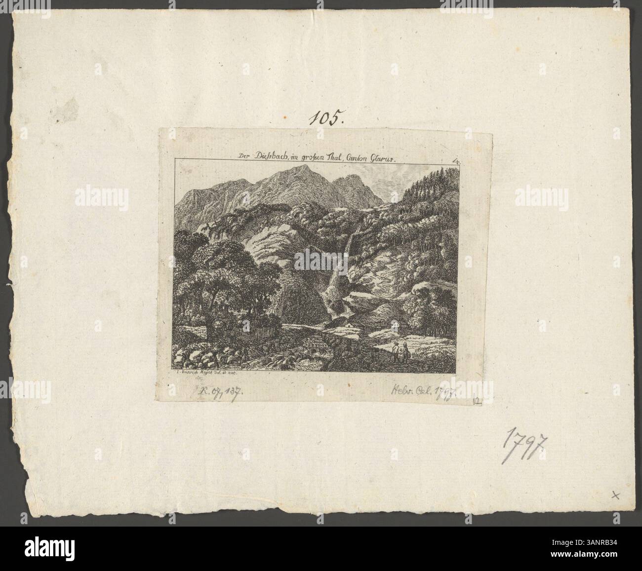 This etching by Johann Heinrich Meyer depicts the Diessbach stream in the large valley of the ...