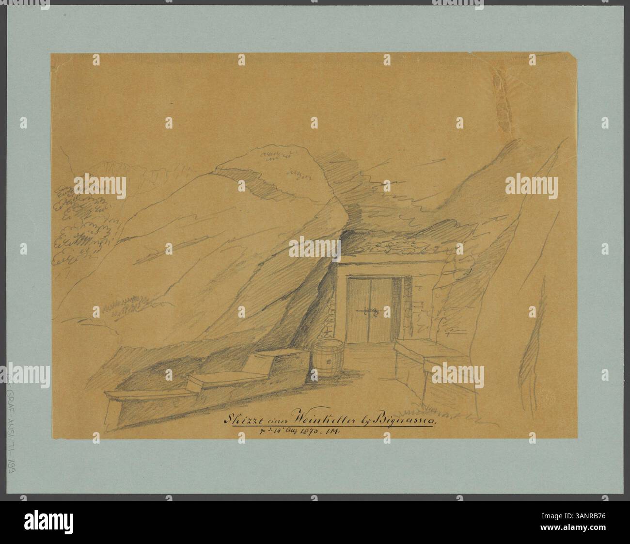 A pencil drawing from August 14, 1873, depicting a wine cellar in ...
