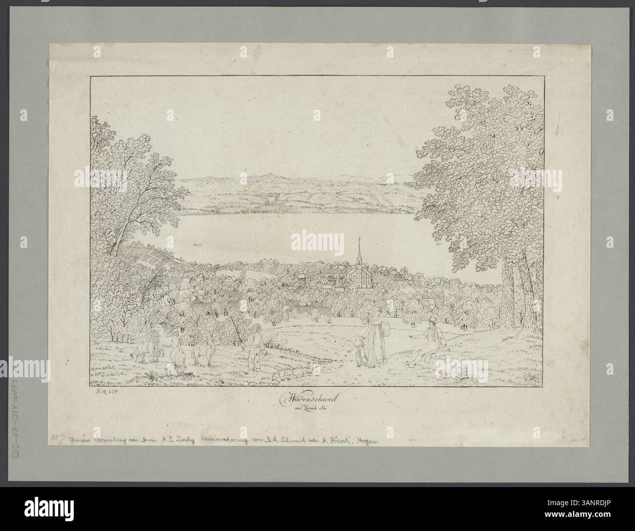 This circa 1820 etching by David Alois Schmid or Heinrich Füessli depicts Wädenschweil, a ...