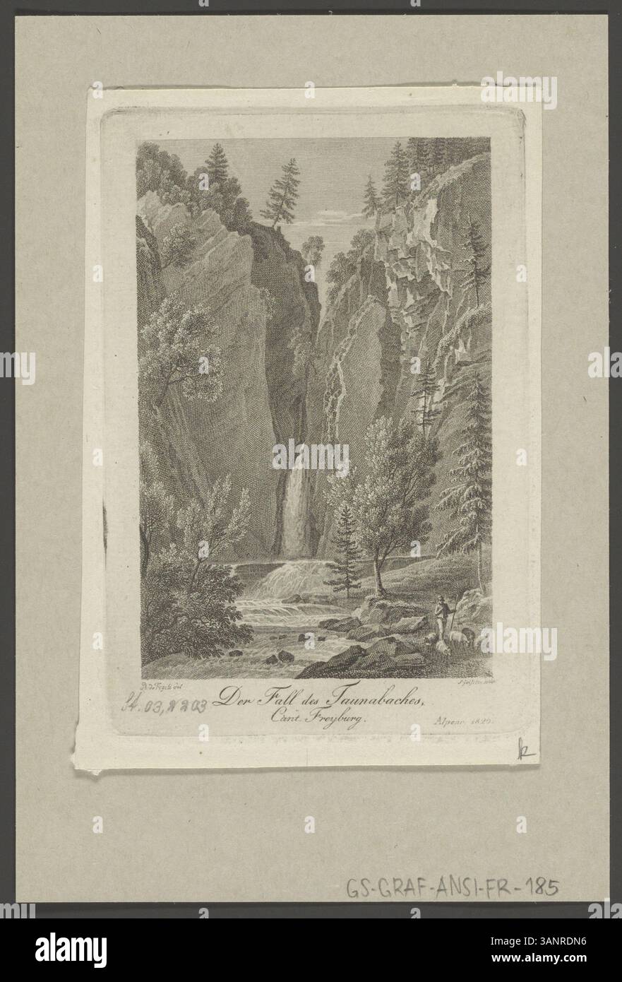 This etching depicts 'Der Fall des Taunabaches' in Canton Fribourg ...