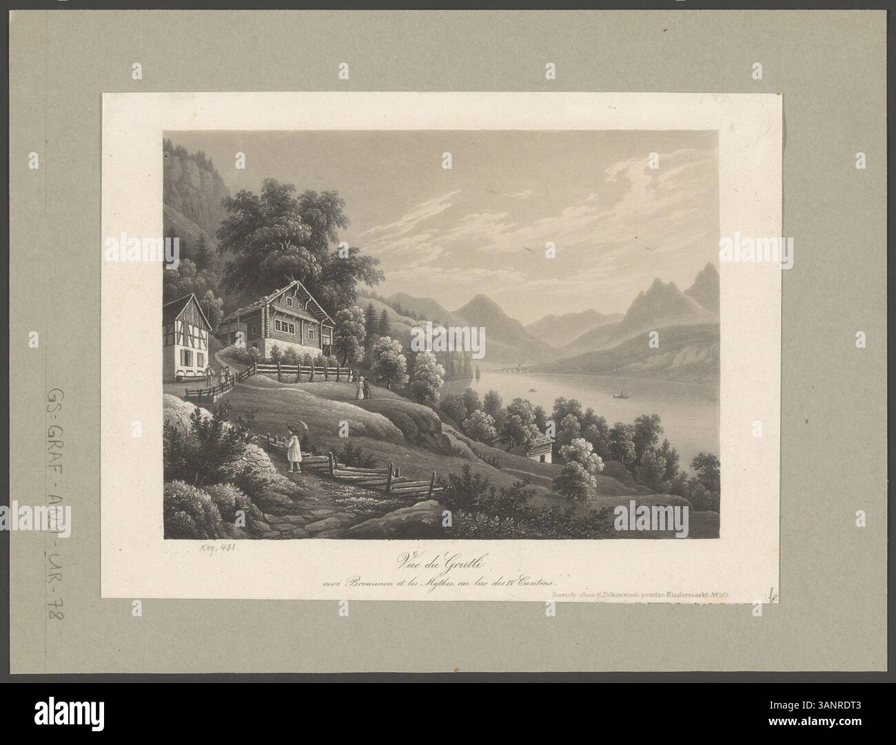 Undated aquatint print of Grütli, with a view toward Brunnen and the ...