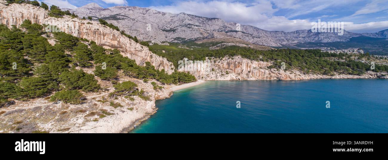 Panoramic aerial view of famous Nugal beach near the city of Makarska ...