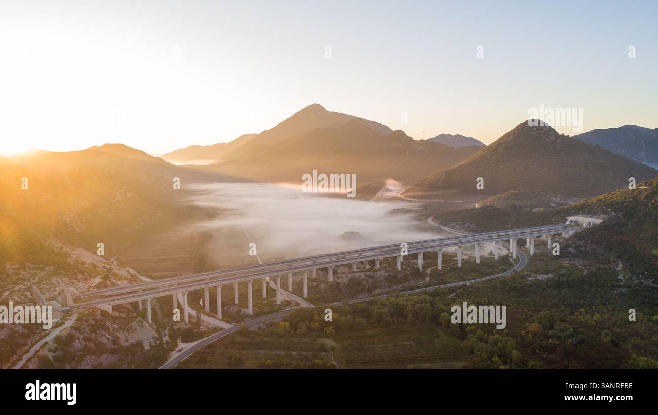 Aerial view of main Croatian motorway A1 viaduct near the city of Ploce ...