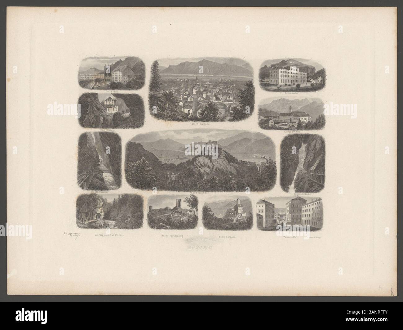 Steel engraving by Carl Franz Rorich featuring Ragatz, Switzerland. The ...