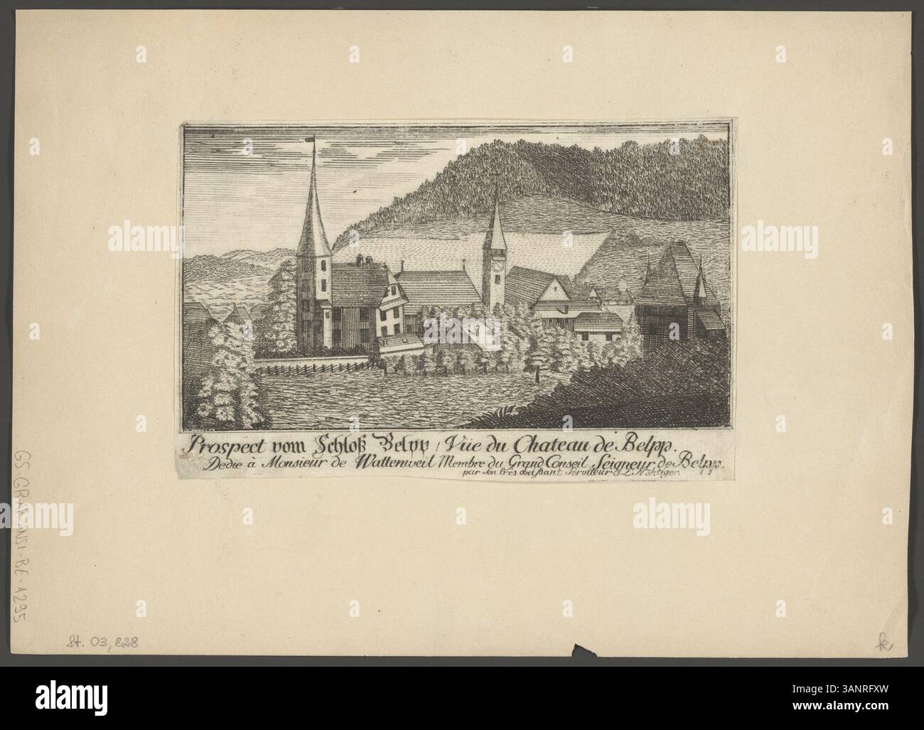 The print shows a view of Belpp Castle, highlighting its architecture ...