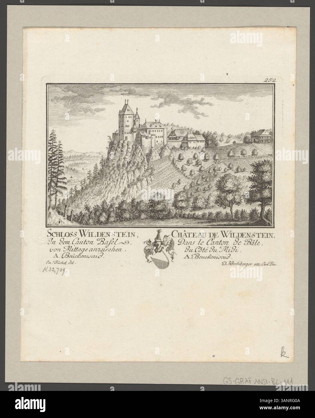 The etching depicts Schloss Wildenstein, located in the Basel Canton ...