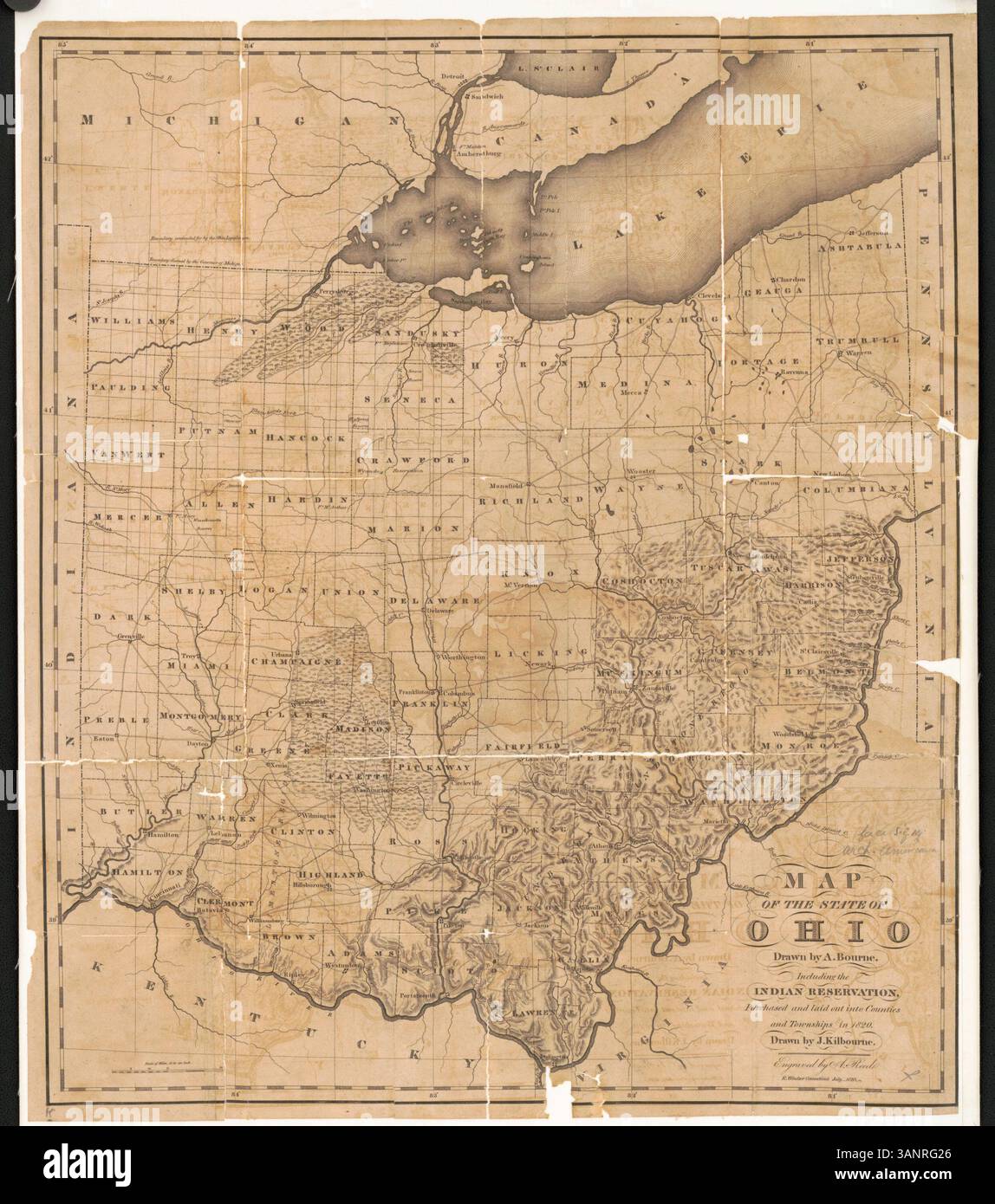 A historical map from 1820 depicting the state of Ohio, showing ...