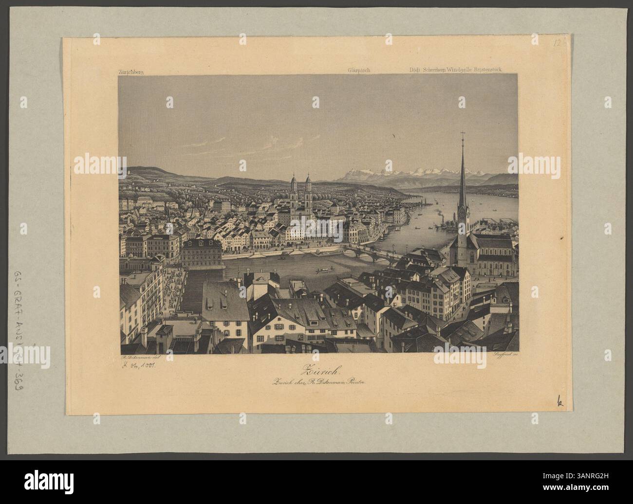 This aquatint and steel engraving depicts Zurich and its surrounding areas, including Zürichberg ...