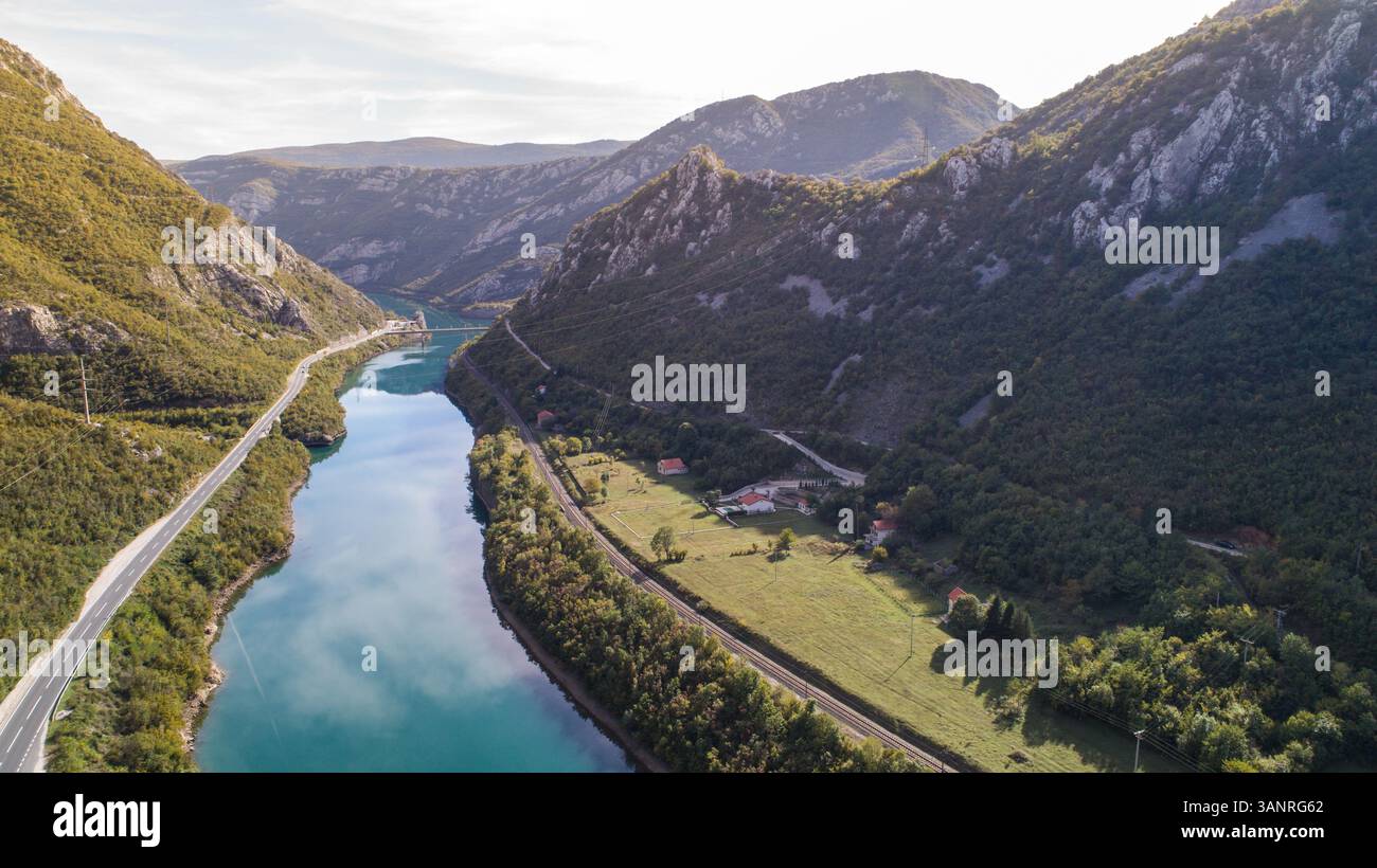 Aerial view of Neretva river canyon near Dreznica and Mostar city in ...