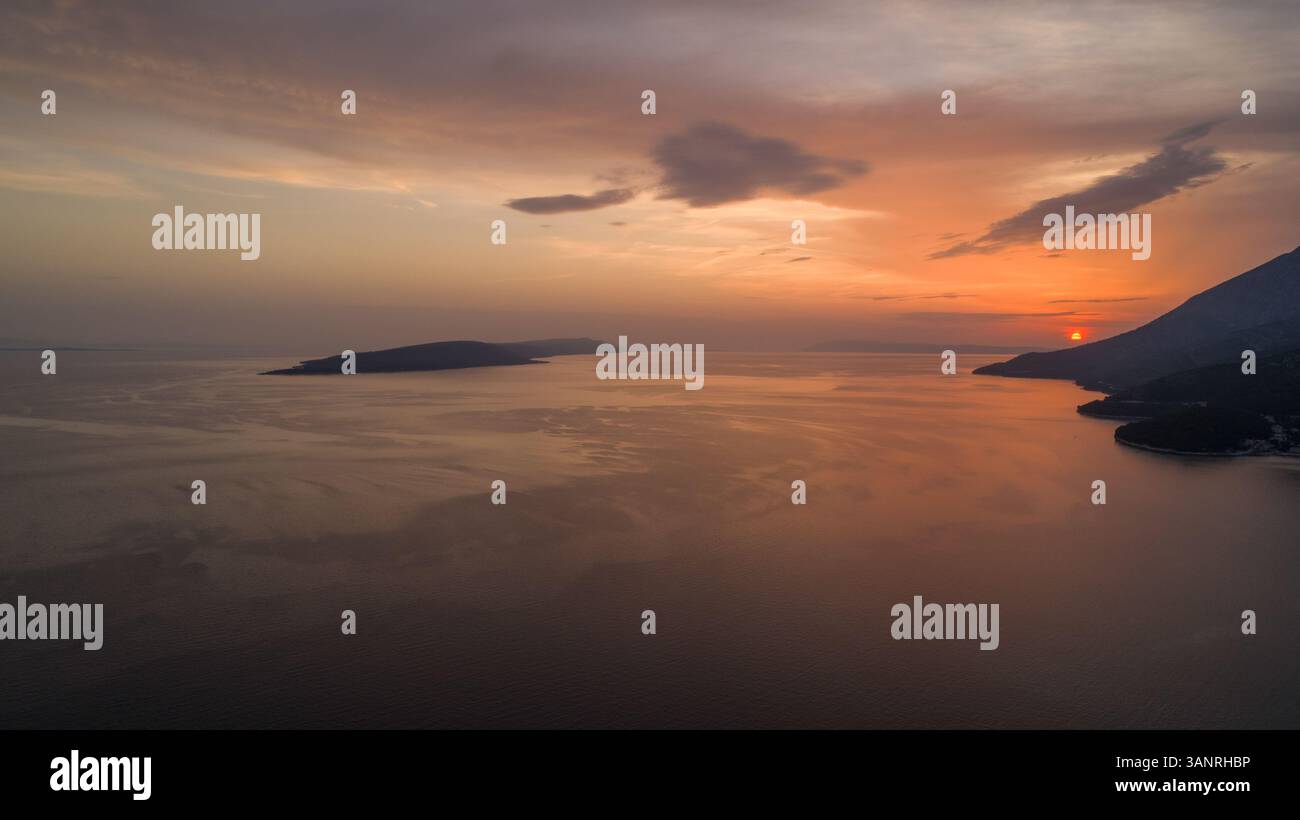 Aerial view of peaceful sunset and Brac island near Drvenik in Dalmatia ...
