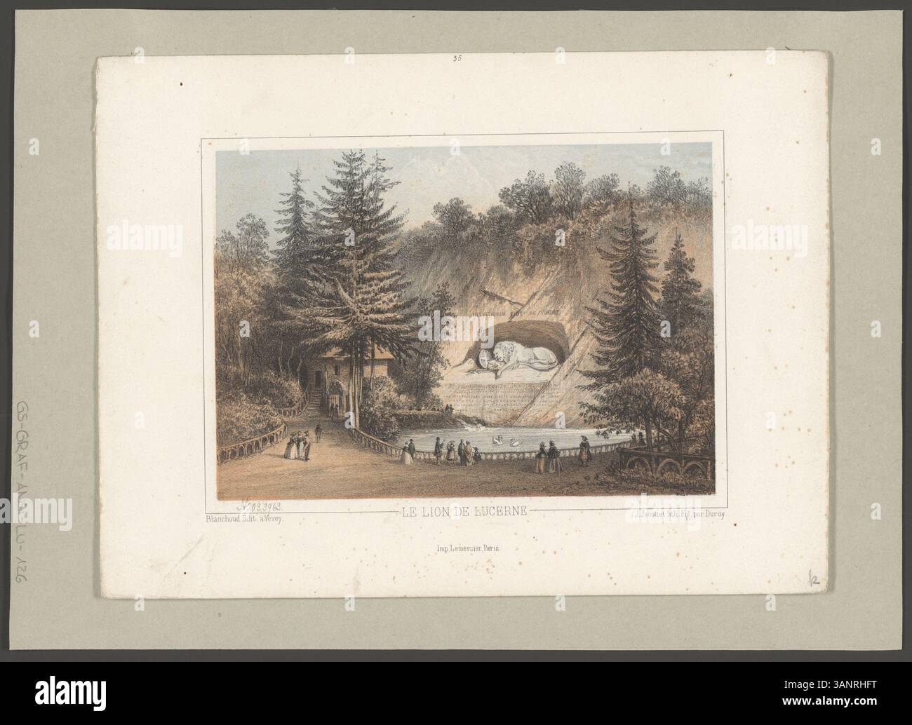 This lithograph depicts the Lion of Lucerne, illustrating the monument ...