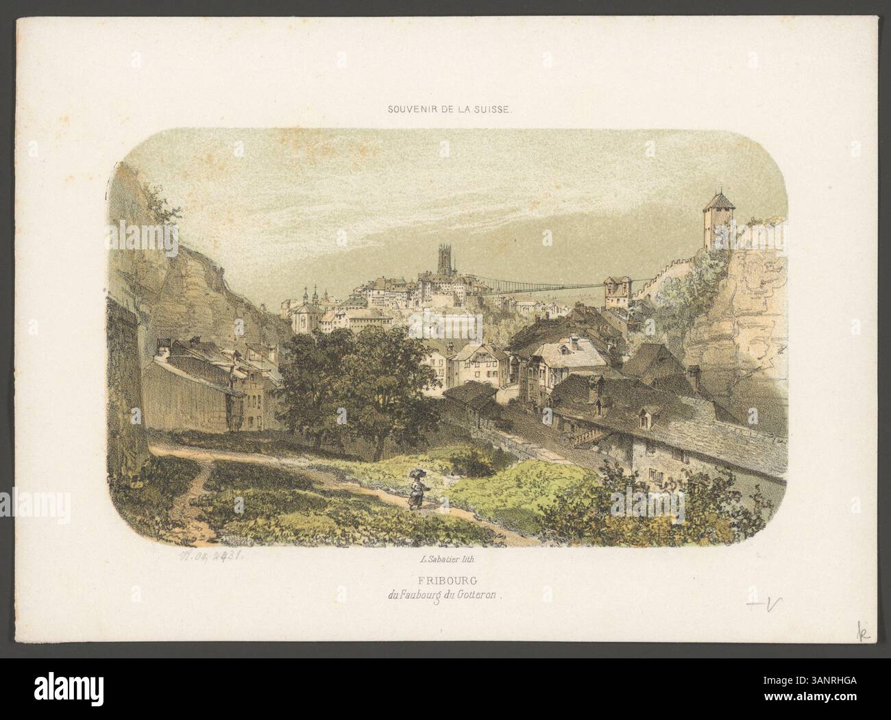 Lithograph by Léon Jean-Baptiste Sabatier, circa 1860, showing Fribourg ...