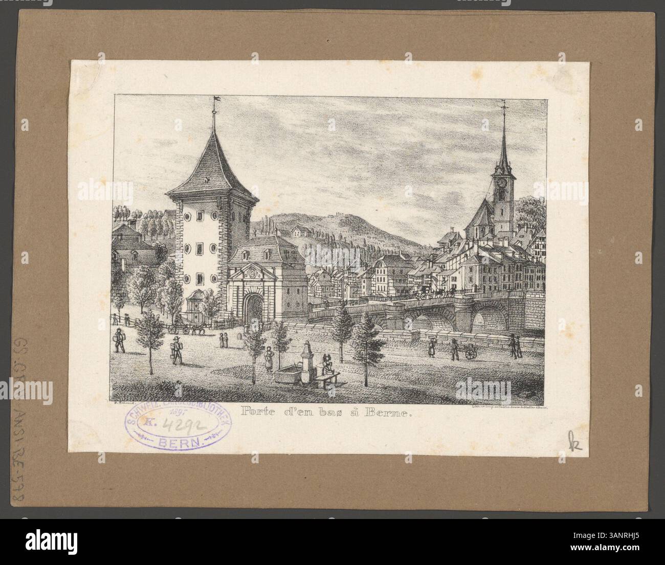 Lithograph by Franz Schmid showcasing the Porte d'en Bas in Bern ...