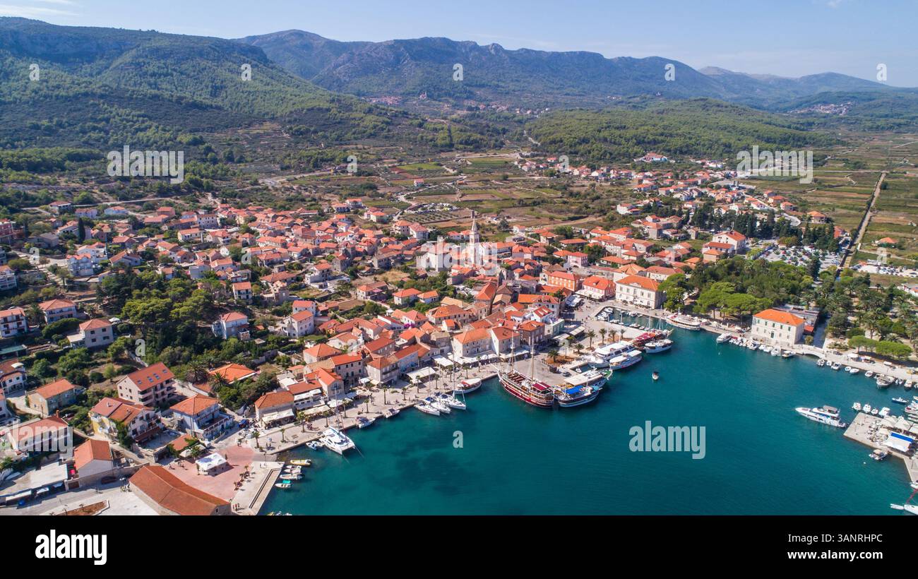 Aerial view of famous town Jelsa situated on Hvar island in Dalmatia ...