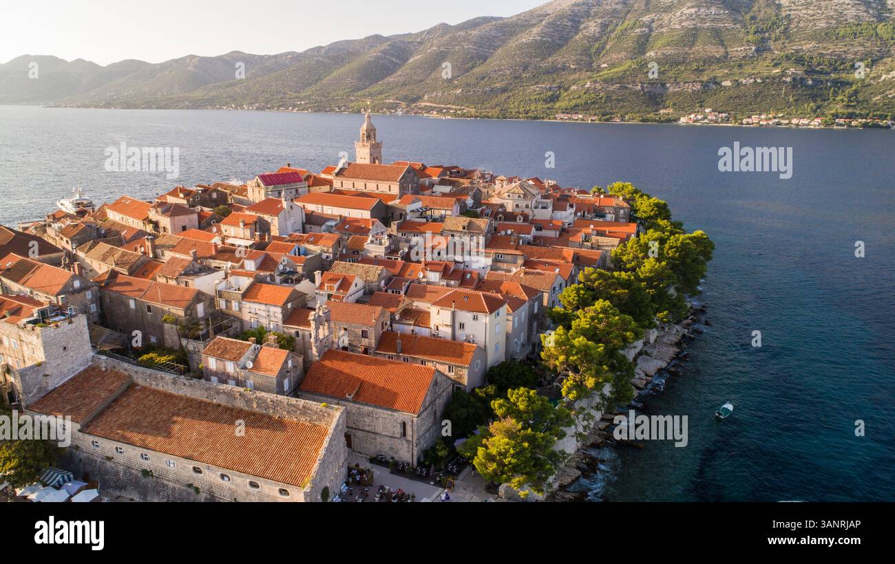 Aerial view of historical city of Korcula on Korcula island in Croatia ...