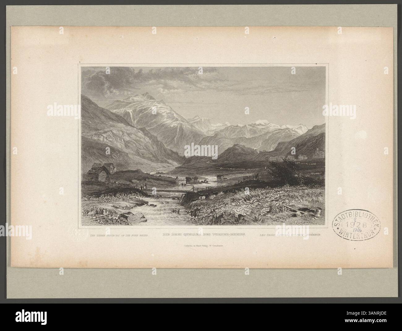 This steel engraving depicts the three sources of the Vorder Rhine ...
