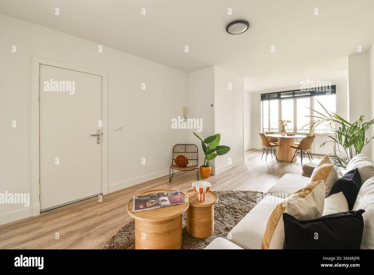 A contemporary living area featuring minimalistic design, wooden ...