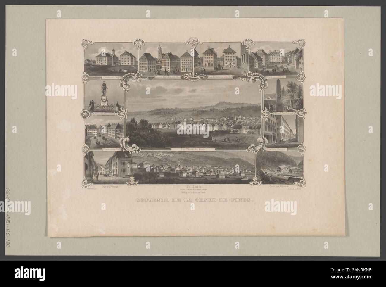 This steel engraving, dated 1869, portrays a view of La Chaux-de-Fonds, a town in the Swiss Jura ...