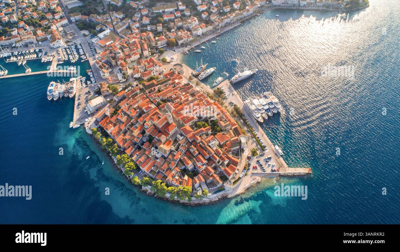 Aerial view of historical city of Korcula on Korcula island in Croatia ...