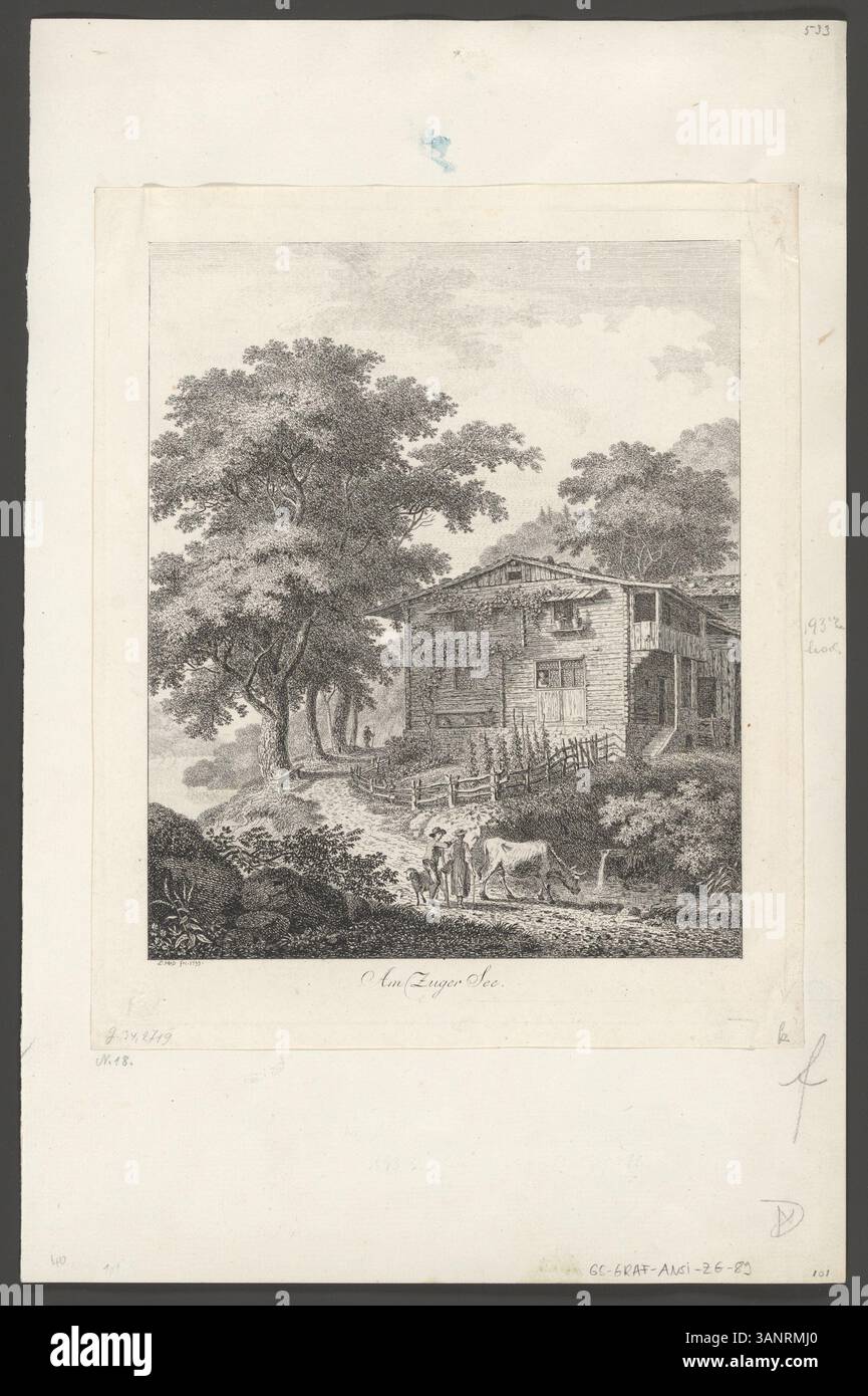 This 1799 etching by Ludwig Hess depicts the scenery of Lake Zug ...