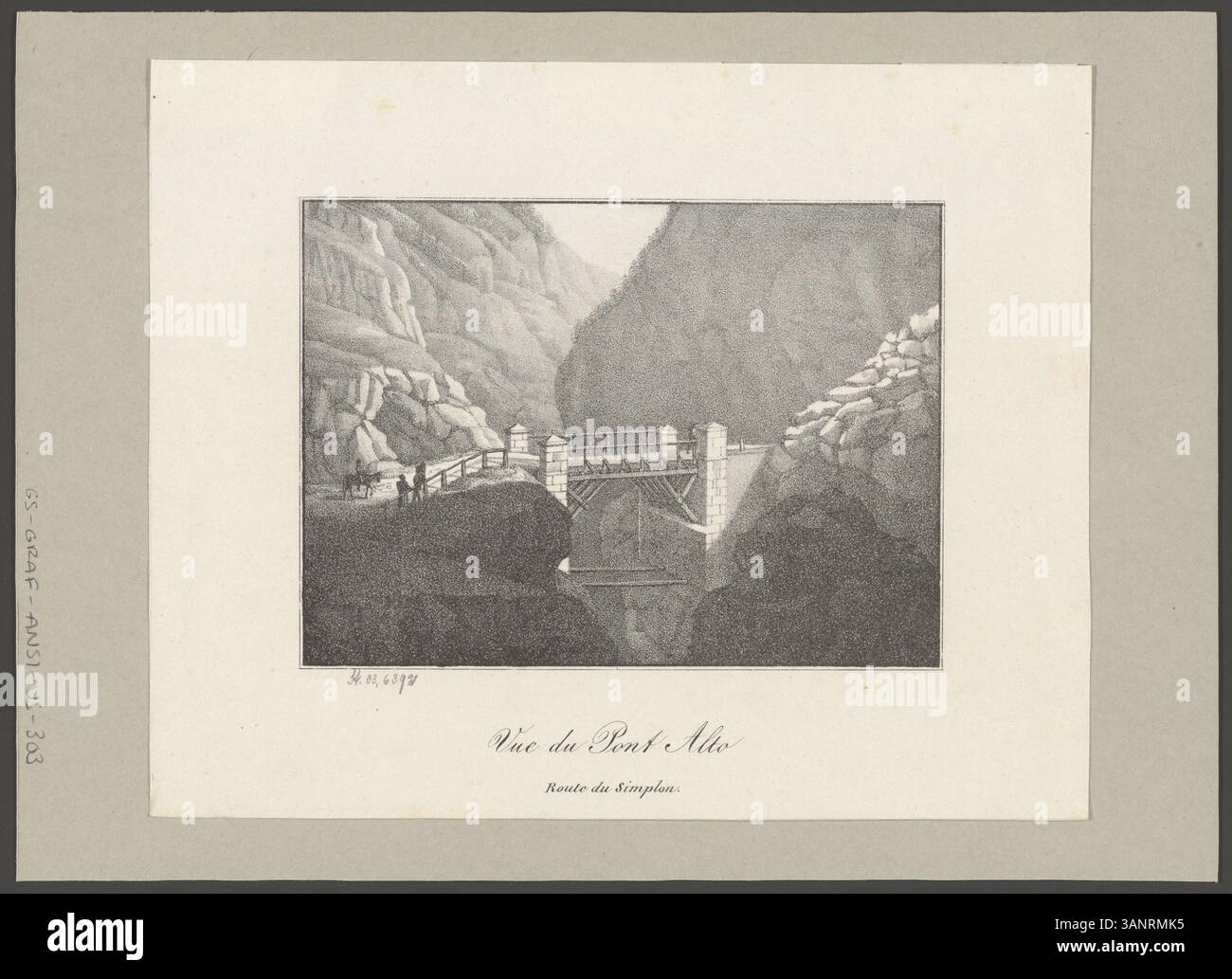 This lithograph depicts the Pont Alto on the Simplon Route, likely ...